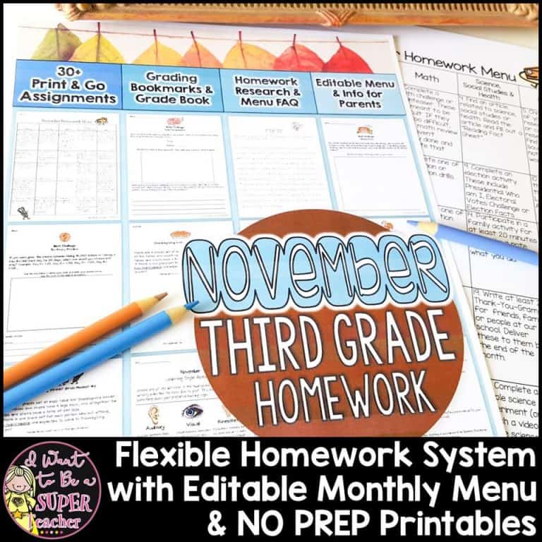 3rd Grade Homework October | Monthly Homework Menu & 35+ Printables