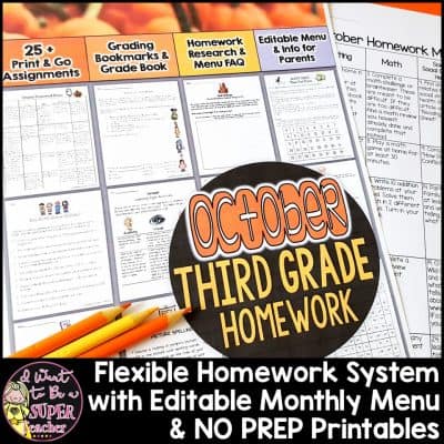 October Homework Menu & Corresponding Printables