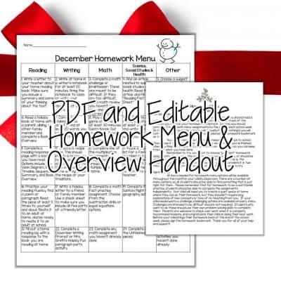 December Homework Menu & Corresponding Printables