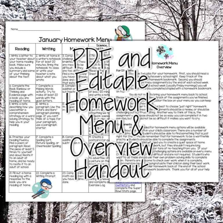 January Homework Menu & Corresponding Printables